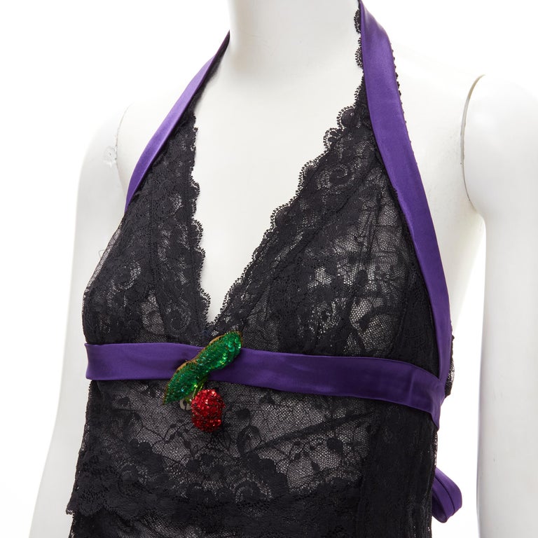 rare D&G DOLCE GABBANA Vintage cherry sequins charm black lace halter tie top S For Sale at 1stDibs