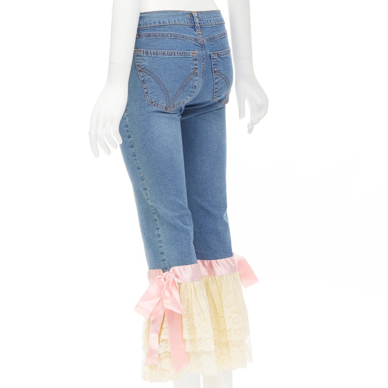 rare D&G DOLCE GABBANA Y2K blue denim tiered lace pink ribbon jeans 24 ...