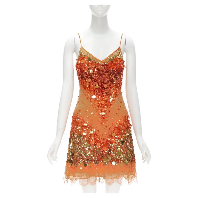 rare DOLCE GABBANA orange paillette sequins lace flapper cocktail dress ...