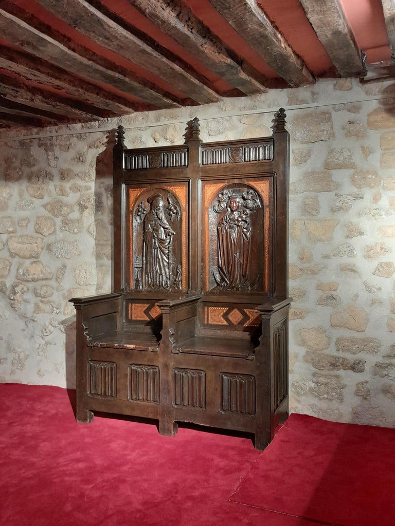 Rare Double Cathedra Made from Walnut Wood Sculpted, and Inlaid, Around ...