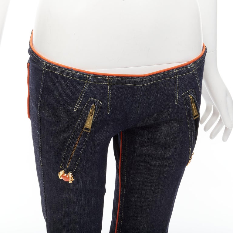 rare DSQUARED 2005 indigo denim orange crab charm low rise flared jeans ...