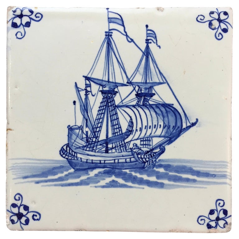Rare Dutch Delft Tile with Merchant VOC Ship, Mid 17th Century For Sale at 1stDibs