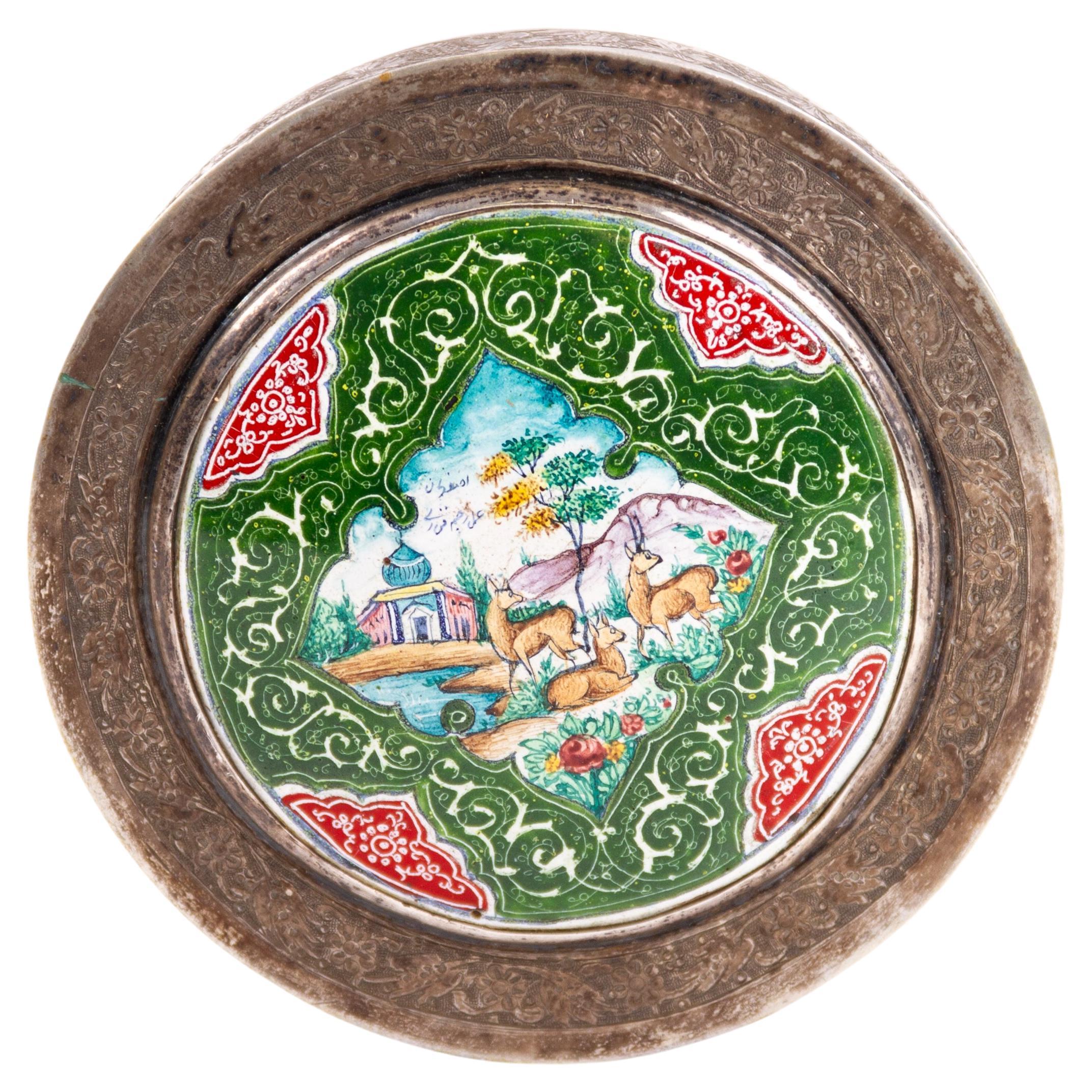 Rare Engraved Silver and Enamel Circular Middle Eastern Box 19th ...