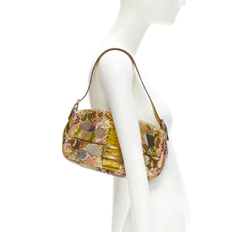 rare FENDI Baguette Vintage glossy scaled leather gold mirror applique ...