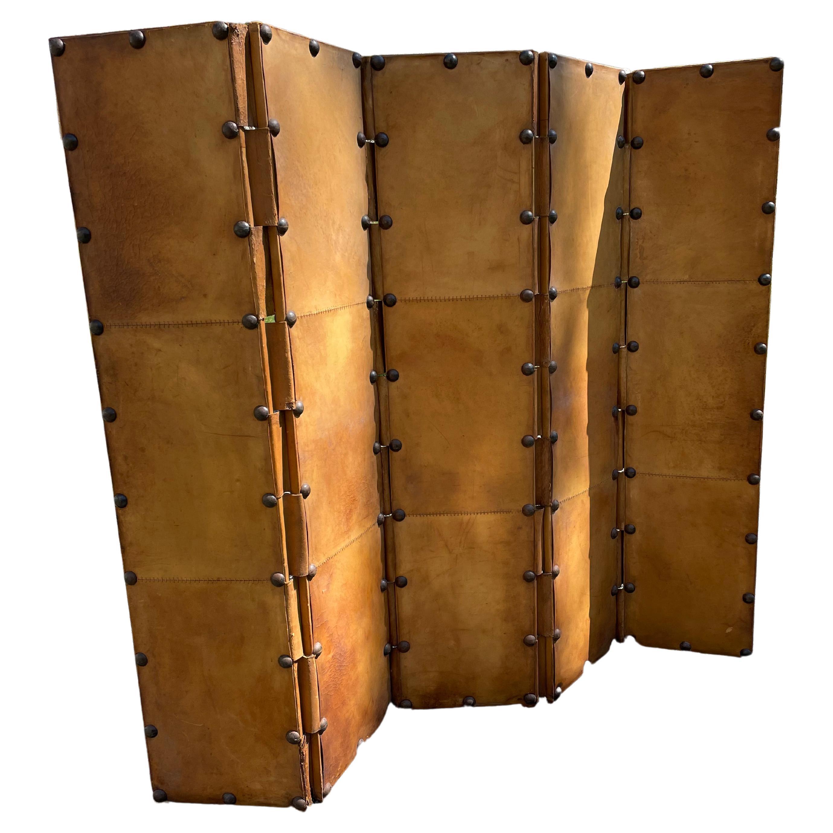 Rare Five Panel French Leather Folding Screen For Sale at 1stDibs