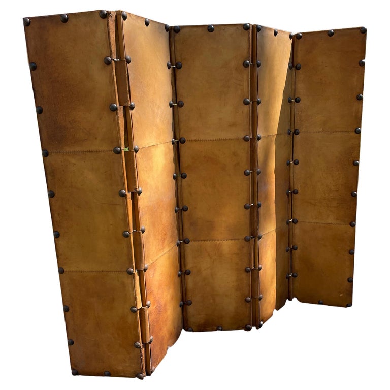 Rare Five Panel French Leather Folding Screen For Sale at 1stDibs