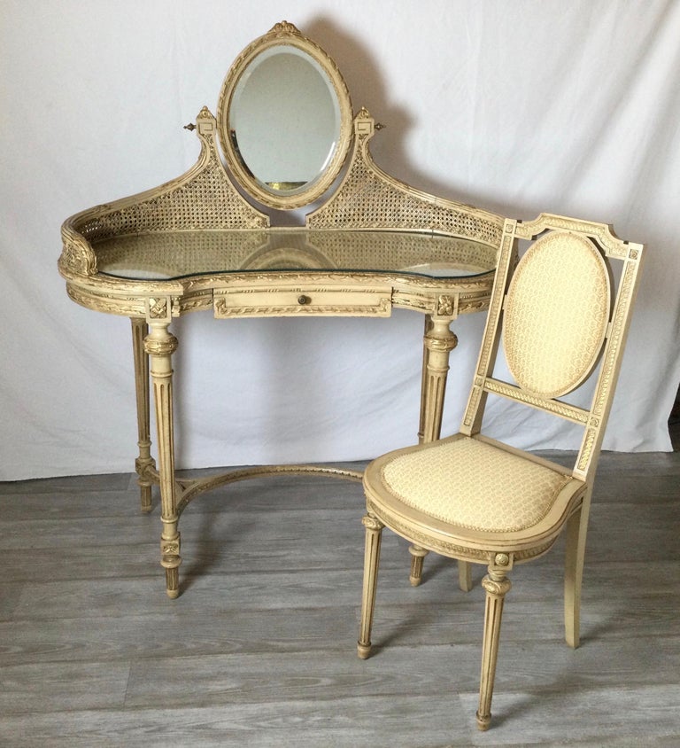 Rare French Crème Painted Hand Carved Wood and Cane Vanity with Chair ...
