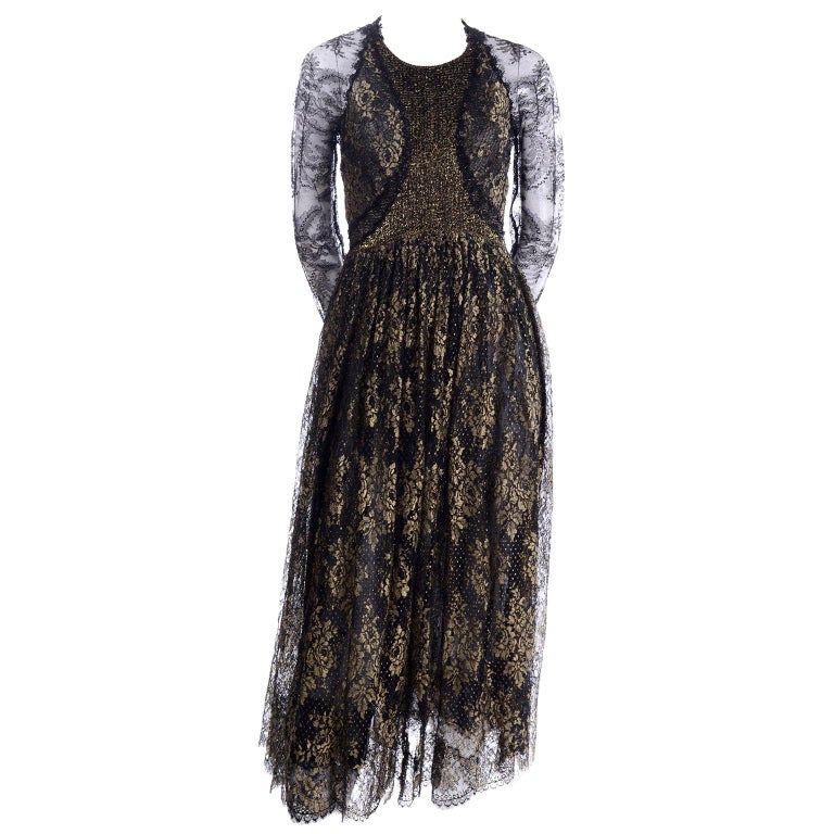 Rare Geoffrey Beene Vintage Gold Metallic and Black Lace Evening Dress ...