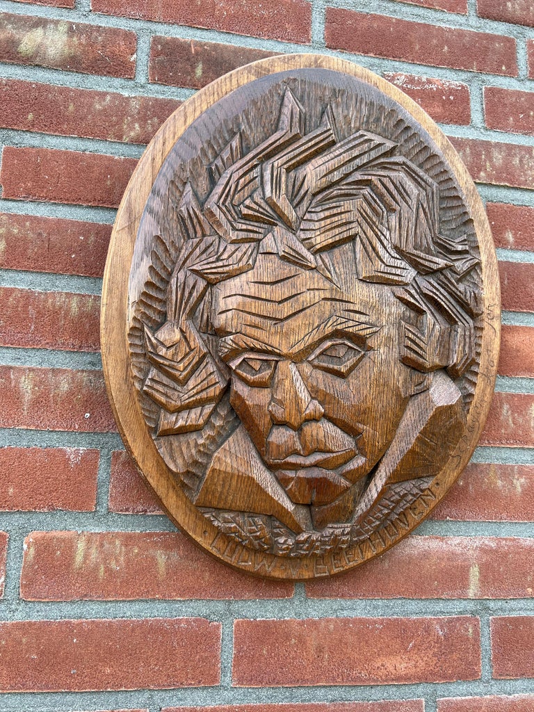 Rare Geometric Art, Hand Carved Oak Ludwig van Beethoven Mask Medallion ...