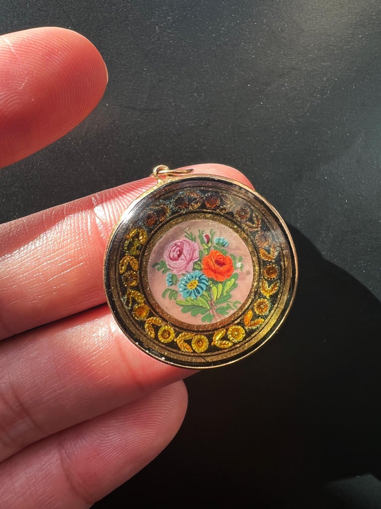 Rare Georgian Era 18k Gold Miniature Painting Rose Pendant For Sale at ...