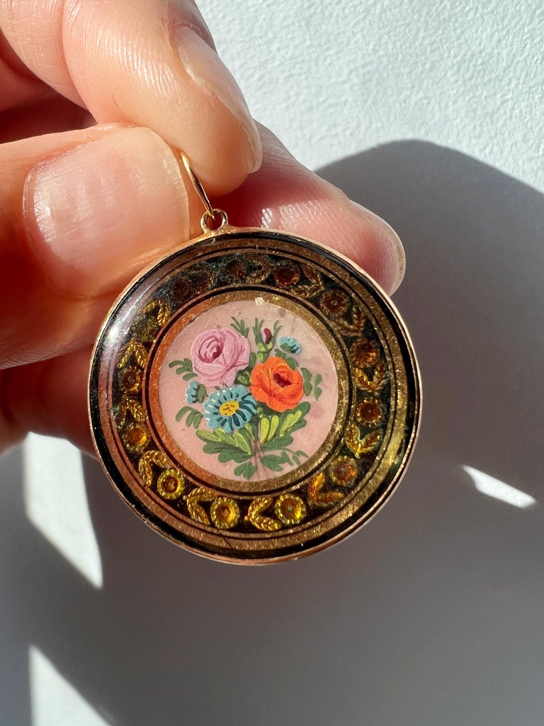 Rare Georgian Era 18k Gold Miniature Painting Rose Pendant For Sale at ...