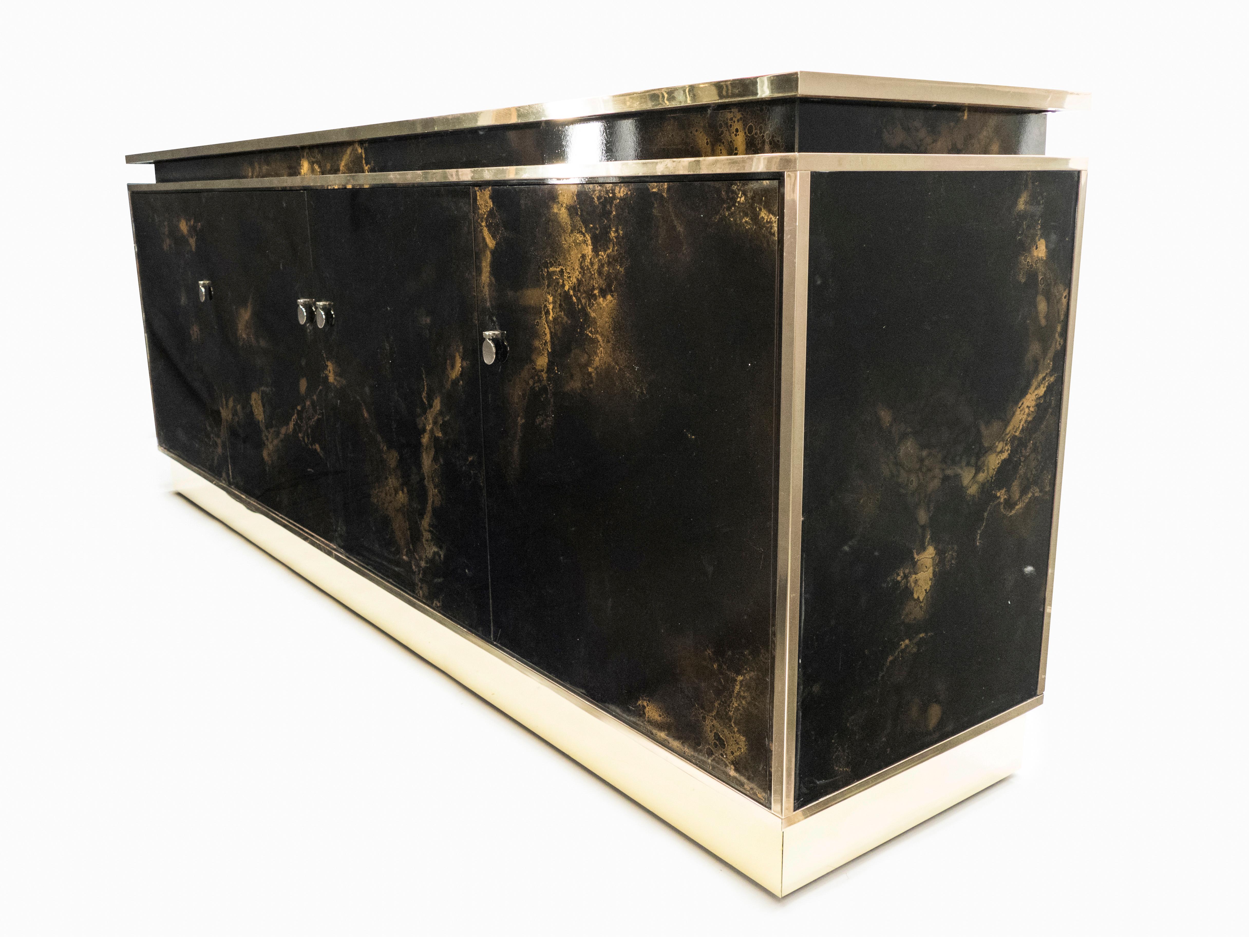 Rare Golden Lacquer and Brass Maison Jansen Sideboard, 1970s at 1stDibs