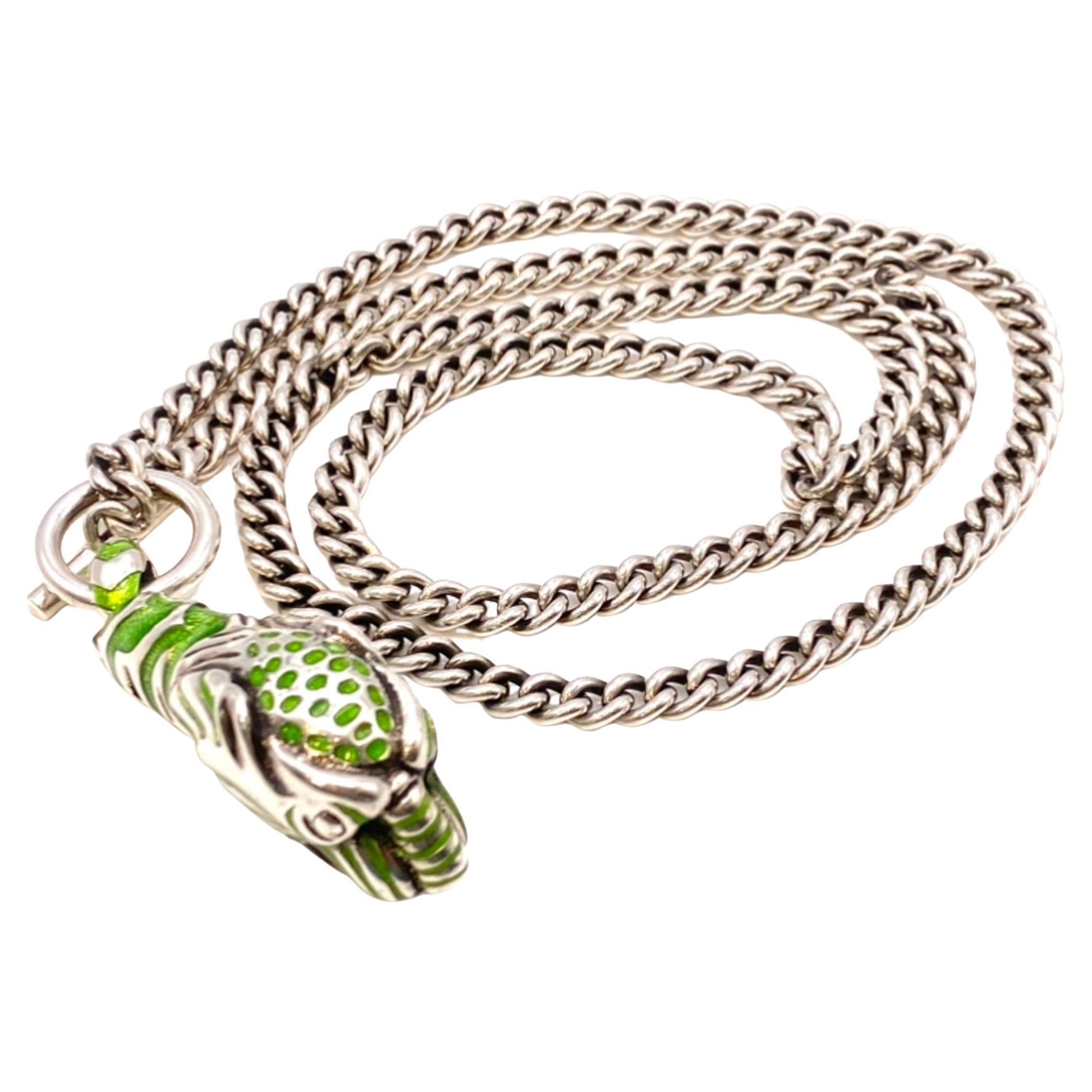 RARE GUCCI Sterling Green Enamel Tiger Head Pendant Long Necklace For ...