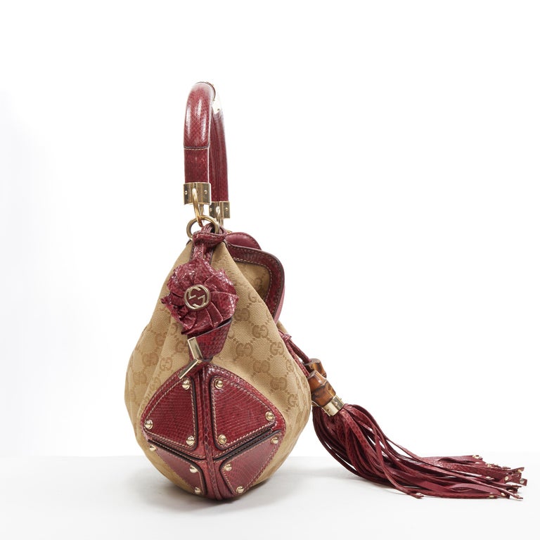 rare GUCCI Unicef Indy brown GG monogram red leather bamboo flap ...