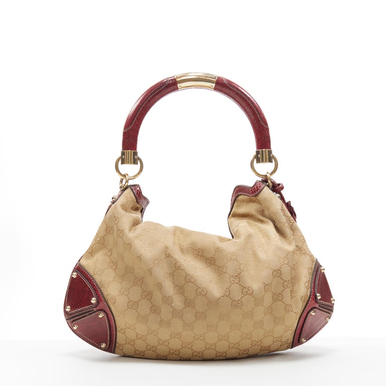 rare GUCCI Unicef Indy brown GG monogram red leather bamboo flap ...