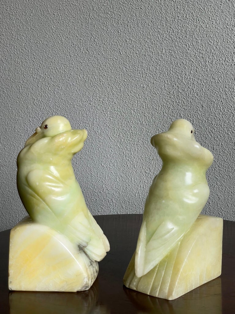 Rare Hand Carved Alabaster Pair of Fancy Pigeon Bookend Sculptures Art ...