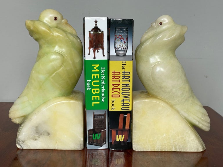 Rare Hand Carved Alabaster Pair of Fancy Pigeon Bookend Sculptures Art ...