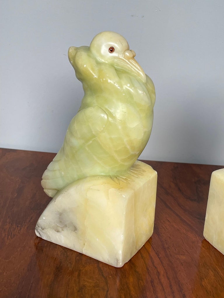 Rare Hand Carved Alabaster Pair of Fancy Pigeon Bookend Sculptures Art ...