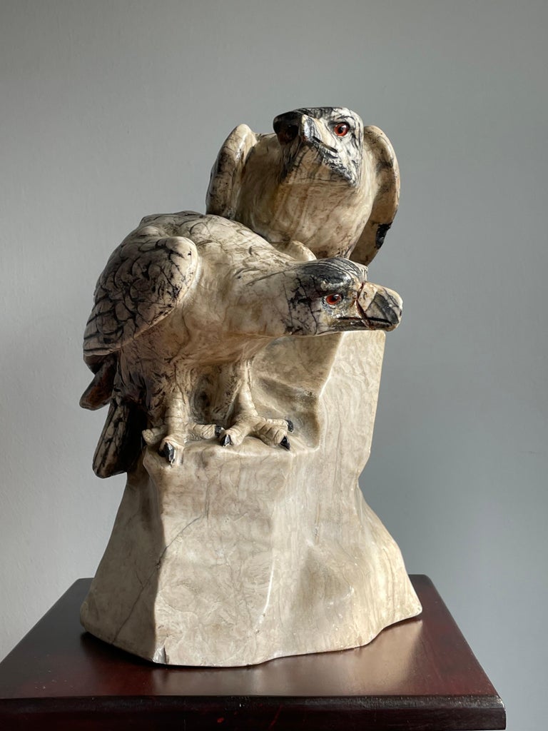 Rare Hand Carved Antique Double Eagle Sculpture on Alabaster Rock ...