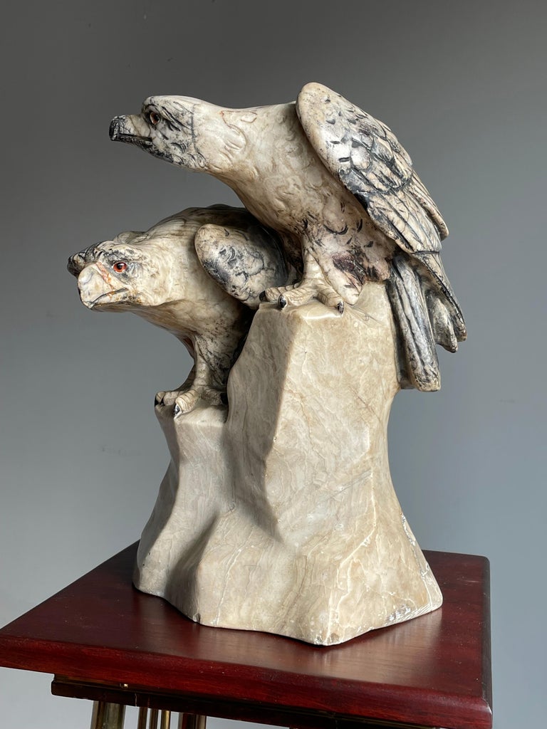 Rare Hand Carved Antique Double Eagle Sculpture on Alabaster Rock ...
