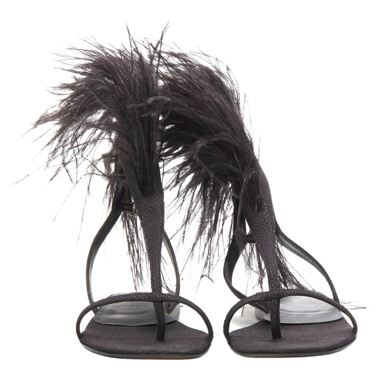 rare HELMUT LANG Vintage black feather trim T-strap open toe flat ...