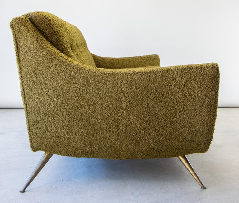 Rare Henry P Glass Sofa in Green Boucle and Brass Legs For Sale at 1stDibs