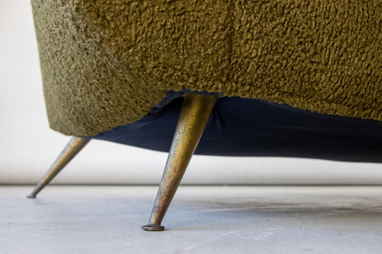 Rare Henry P Glass Sofa in Green Boucle and Brass Legs For Sale at 1stDibs