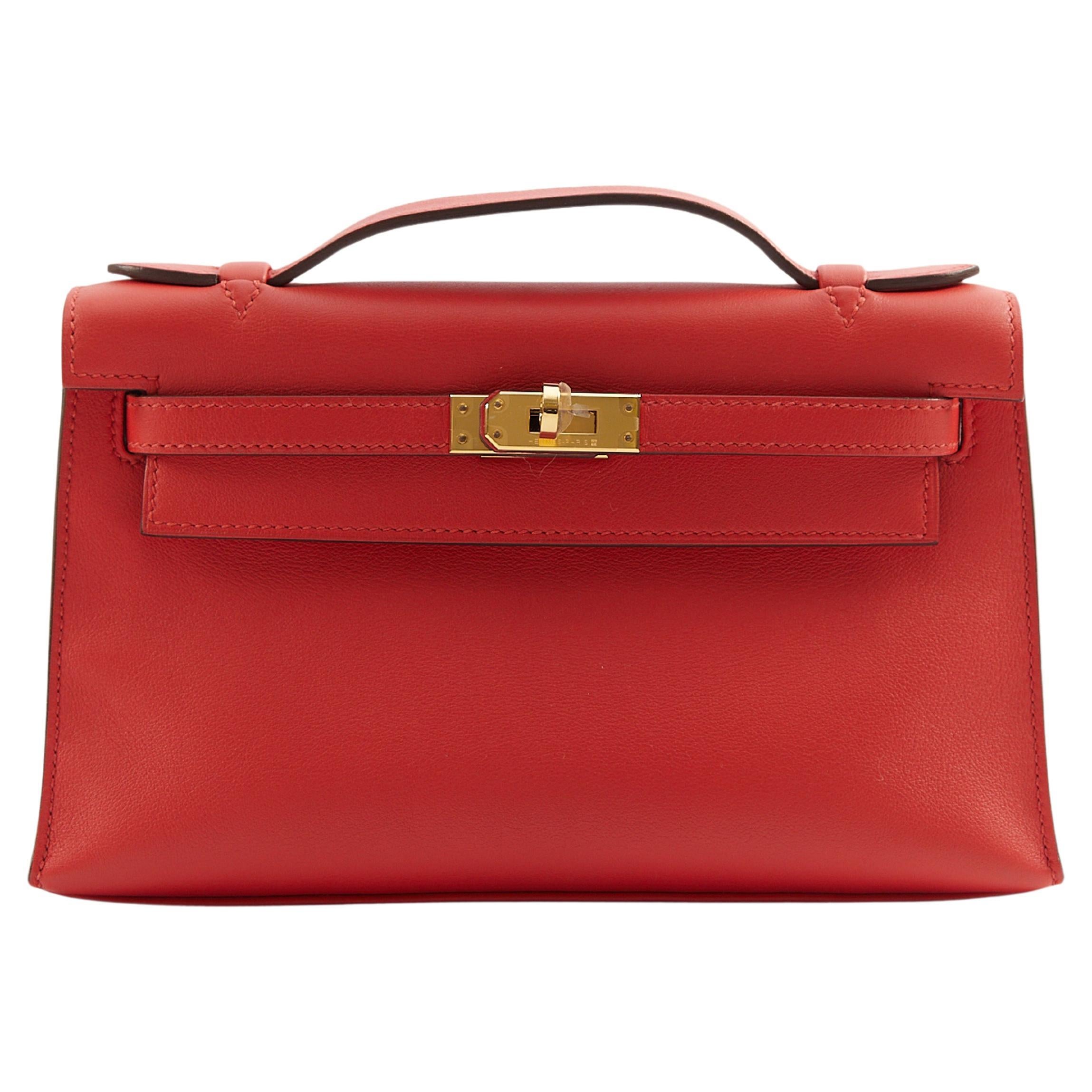 RARE HERMÈS KELLY POCHETTE ROUGE TOMATE Swift Leather with Gold ...