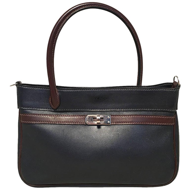 RARE Hermes Mini Navy and Brown Leather Top Handle Kelly Lock Handbag ...