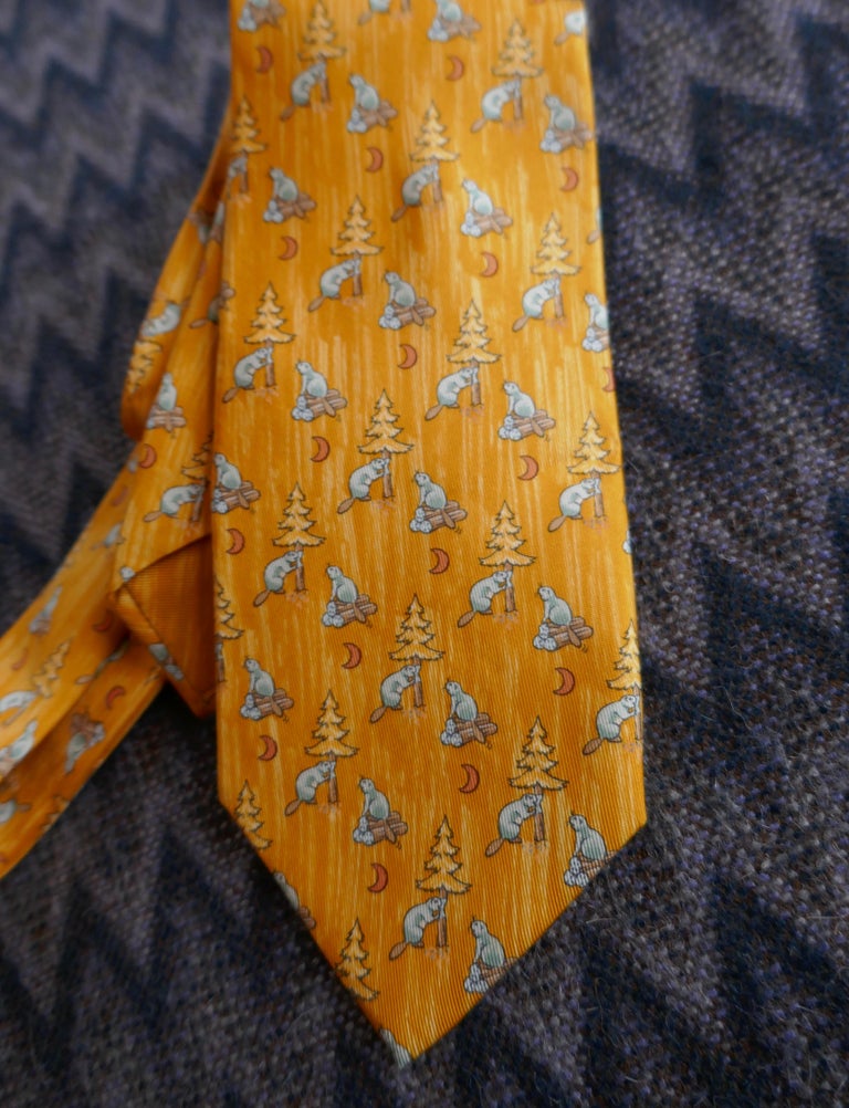 Rare Hermes Novelty Silk Tie, Beavers Felling Trees, Hermes Orange ...