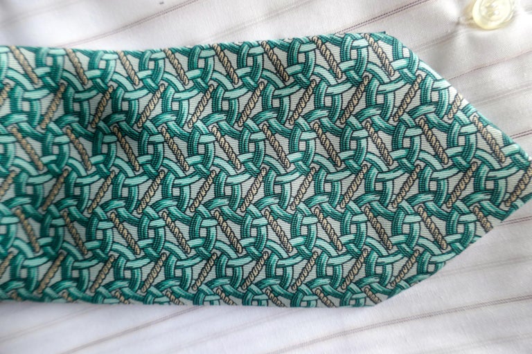 Rare Hermes Silk Tie, All Over Chain Link Pattern, Aqua On Silver/Grey ...