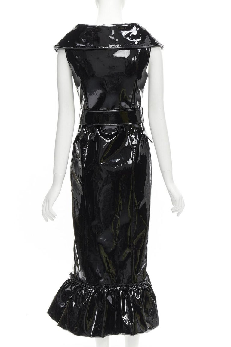 rare HUISHAN ZHANG black shiney vinyl PVC belted flared hem coat dress ...