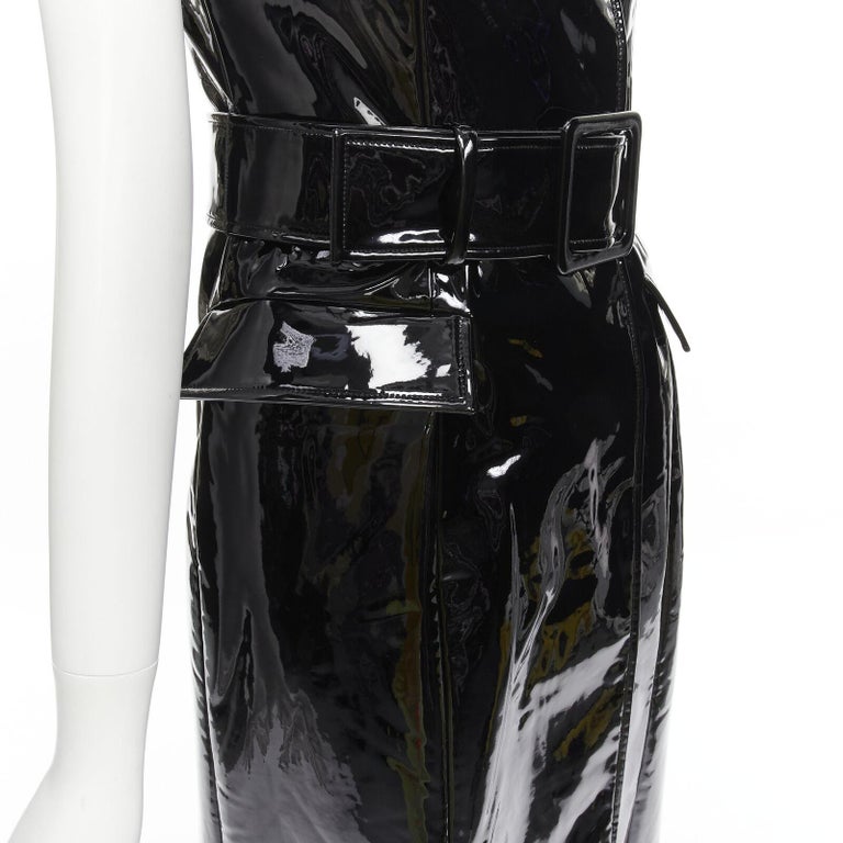 rare HUISHAN ZHANG black shiney vinyl PVC belted flared hem coat dress ...