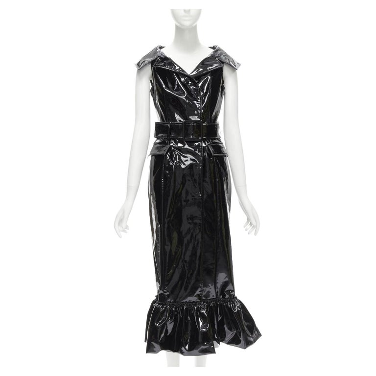 rare HUISHAN ZHANG black shiney vinyl PVC belted flared hem coat dress ...