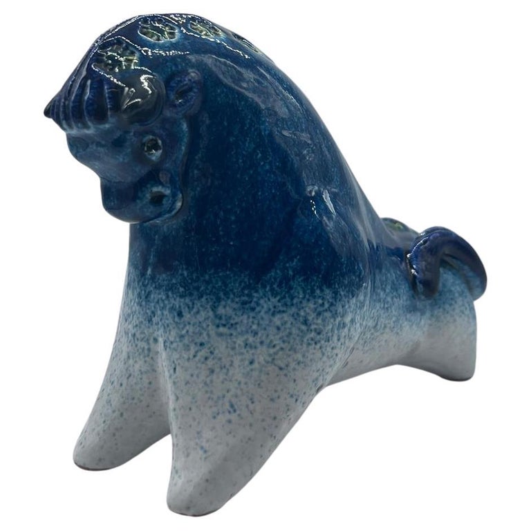 Rare Italian Bitossi Enameled Turquoise Ceramic Bull For Sale at 1stDibs