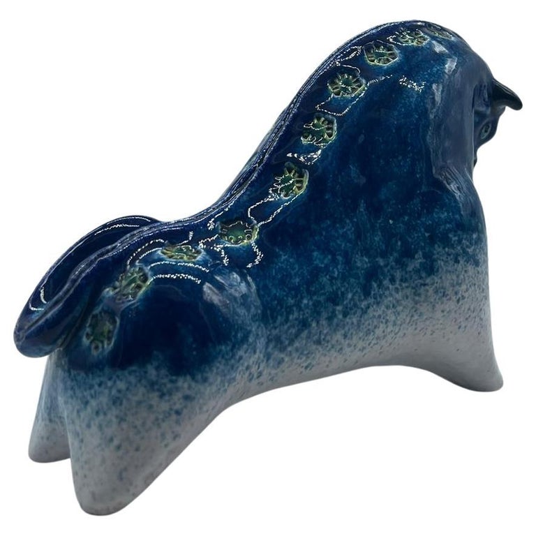 Rare Italian Bitossi Enameled Turquoise Ceramic Bull For Sale at 1stDibs