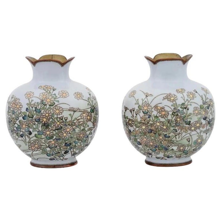A Rare Pair of Meiji Japanese Cloisonne Silver Wire Vases with ...
