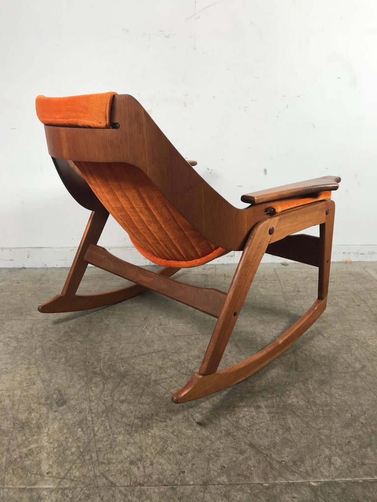 Rare Jerry Johnson Midcentury Walnut Sling Rocking Chair, 1960s at 1stDibs