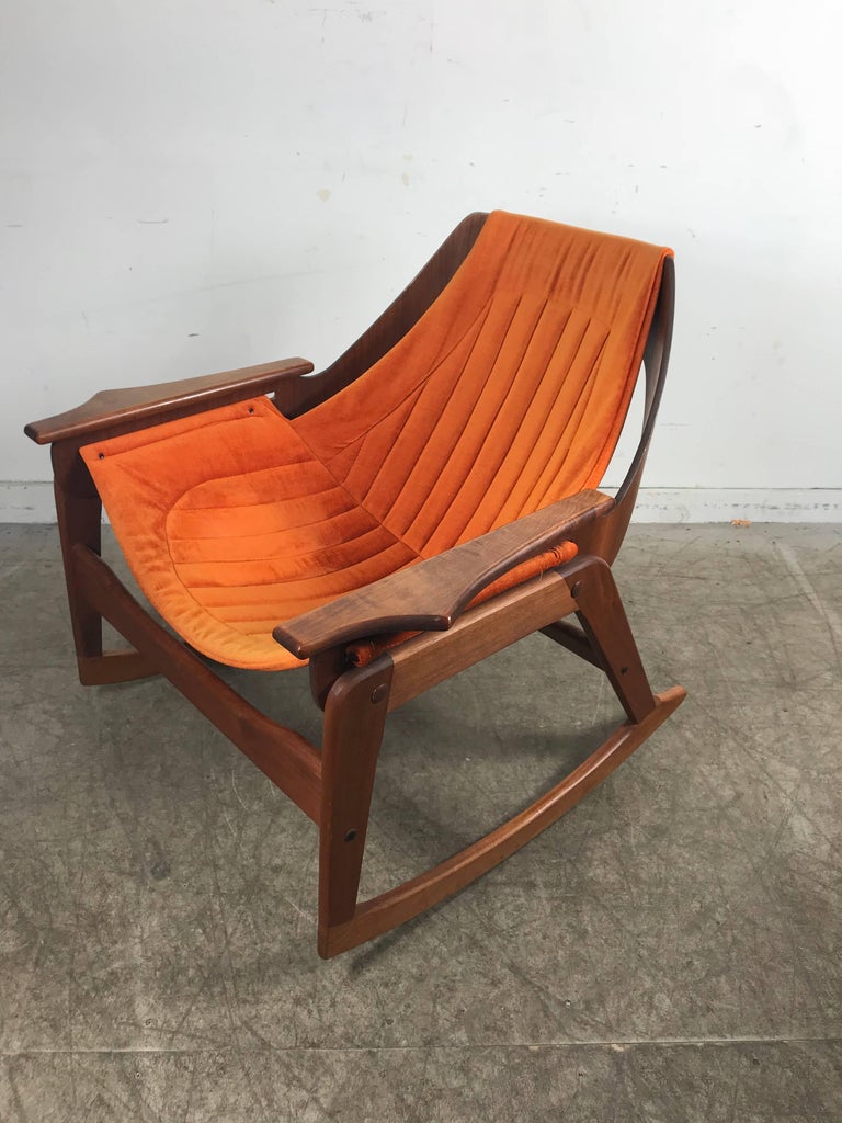 Rare Jerry Johnson Midcentury Walnut Sling Rocking Chair, 1960s at 1stDibs