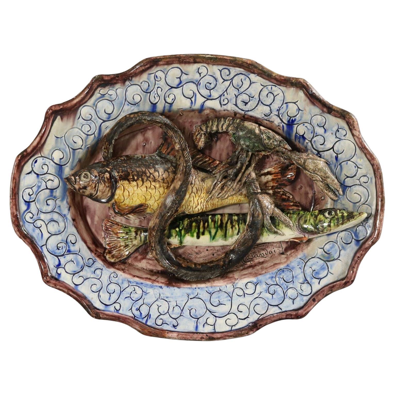 French Majolica Palissy Platter Arums, Frogs, Shells Signed Christine ...