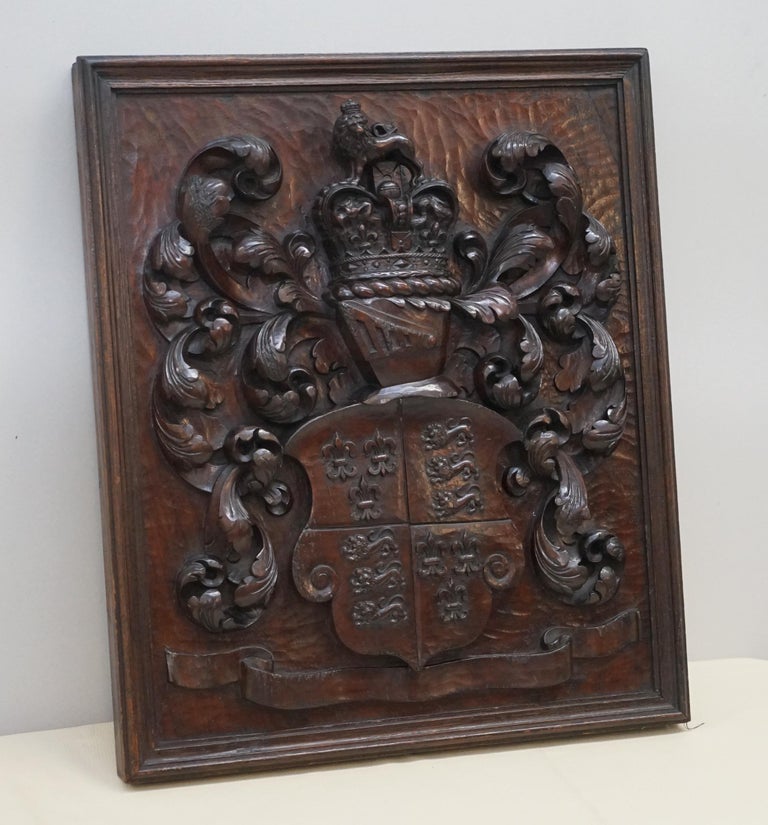 RARE ANTiQUE 1405-1603 ENGLISH ROYAL COAT OF ARMS ARMORIAL CREST CARVED ...