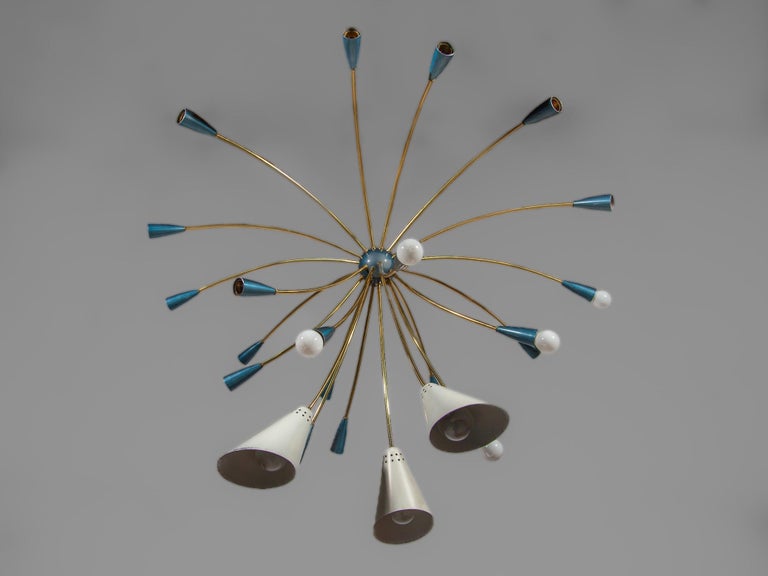 Rare Large Sputnik Chandelier Brass 23 Blue and White Shades, Germany ...
