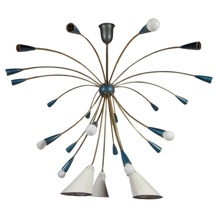 Rare Large Sputnik Chandelier Brass 23 Blue and White Shades, Germany ...
