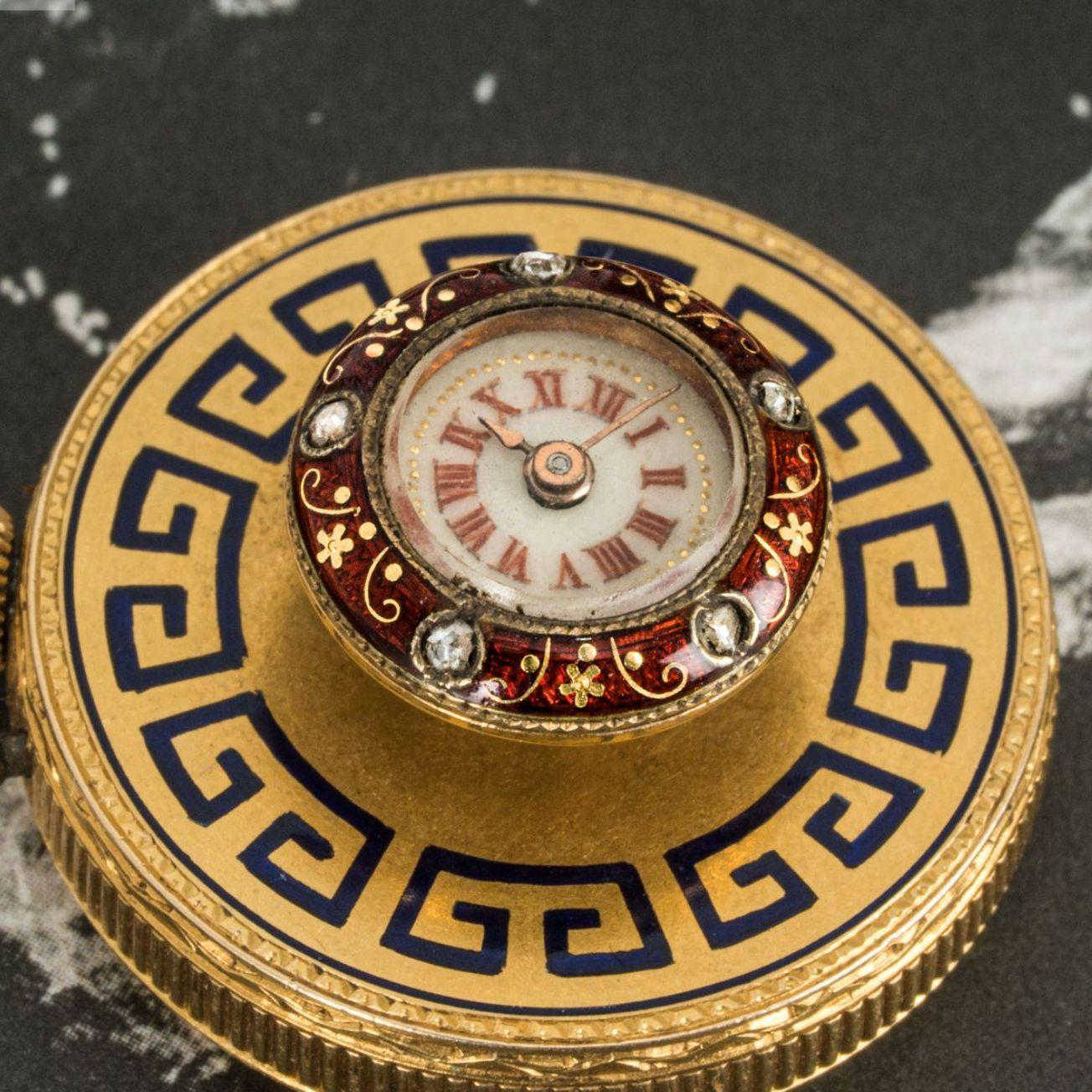 Rare LeCoultre Gold Enamel and Diamond Keyless Cylinder Button Hole ...