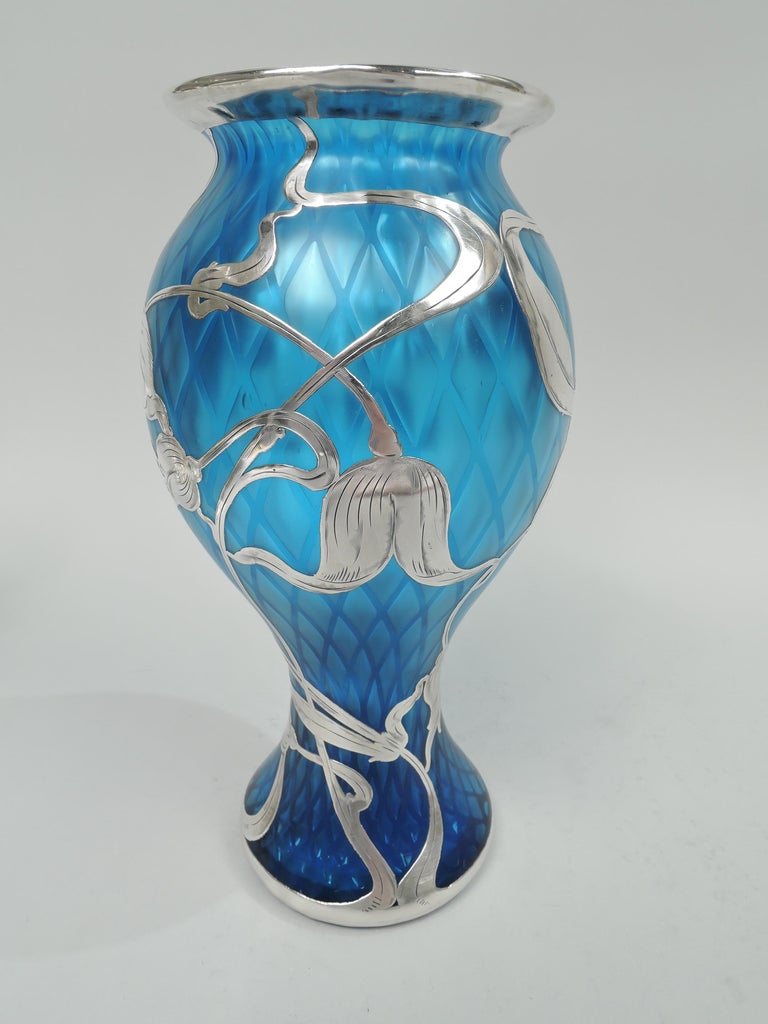 Rare Loetz Art Nouveau Quilted Azure Blue Silver Overlay Vase For Sale ...