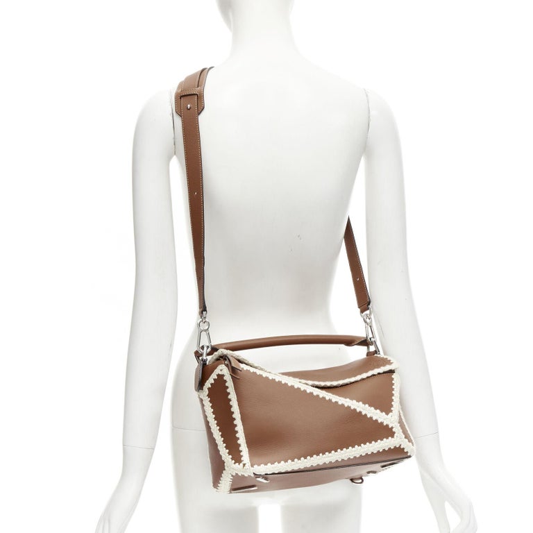 rare LOEWE Puzzle Medium brown calfskin crochet trim crossbody shoulder ...