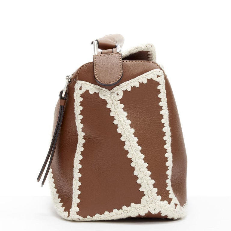 rare LOEWE Puzzle Medium brown calfskin crochet trim crossbody shoulder ...