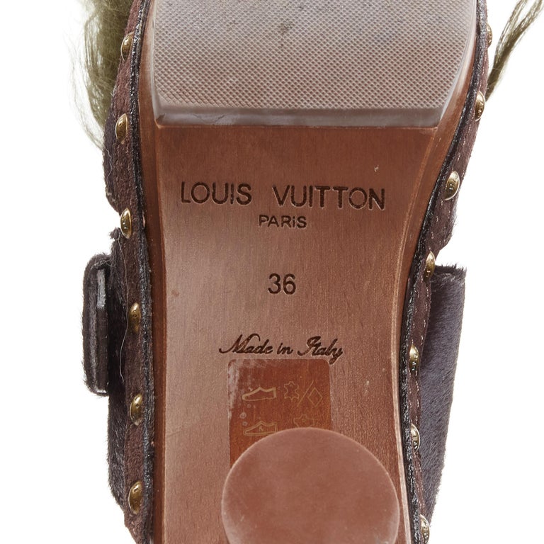rare LOUIS VUITTON 2010 Runway black fur tassel metal heel wooden clog ...