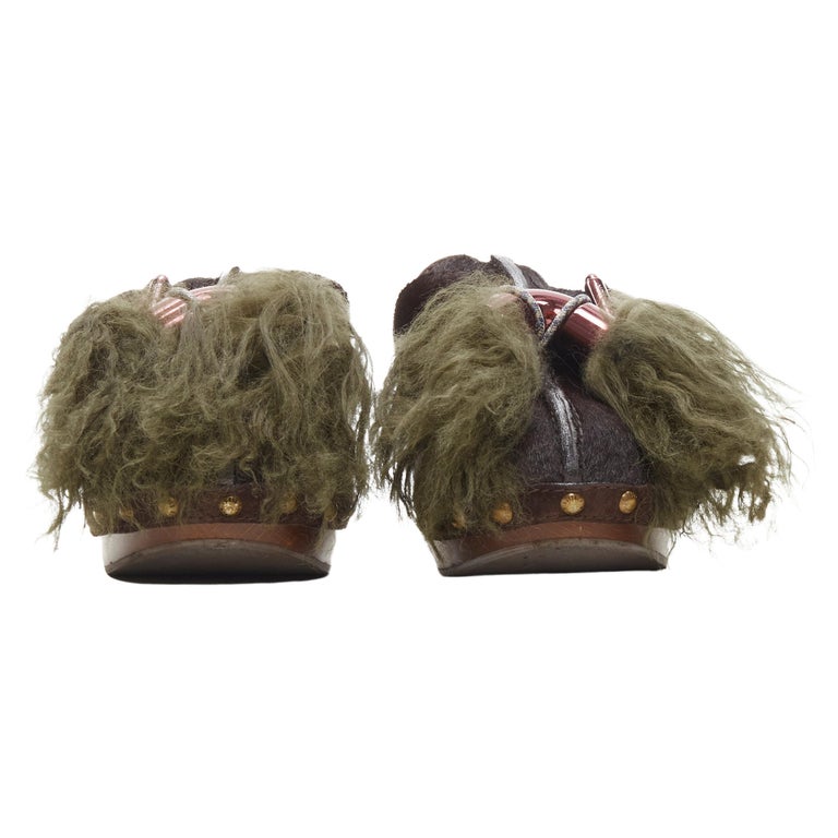 rare LOUIS VUITTON 2010 Runway black fur tassel metal heel wooden clog ...