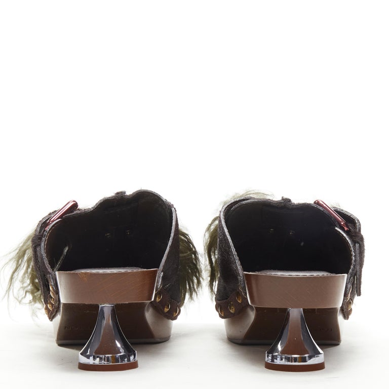 rare LOUIS VUITTON 2010 Runway black fur tassel metal heel wooden clog ...